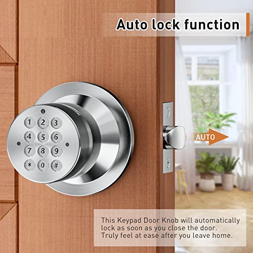 Signstek Keyless Entry Door Lock,Door Knob with Keypad,Smart Code Door Lock,Mute Mode,Passage Function, Easy to Install,Satin Nickel