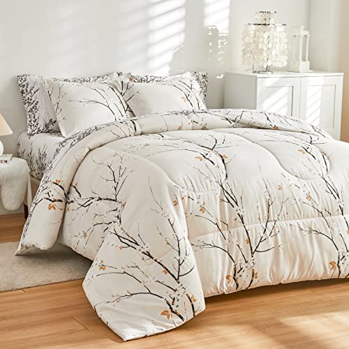 UOZZI BEDDING Cream White Bed in a Bag Twin 6 pc Branch Style All Season Soft Microfiber Reversible Bed Comforter Set (1 Comforter 2 Pillow Shams 1 Flat Sheet 1 Fitted Sheet 1 Pillowcases)