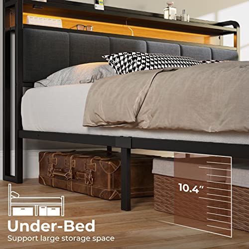 Rolanstar Bed Frame Full Size with Charging Station and LED Lights, Upholstered Headboard with Storage Shelves, Heavy Duty Metal Slats, No Box Spring Needed, Noise Free, Easy Assembly, Dark Grey