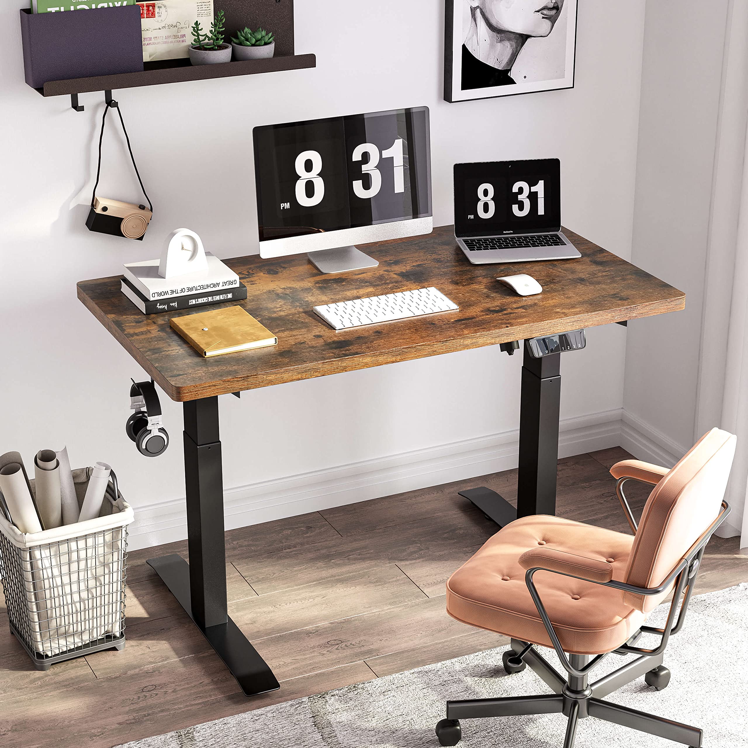IYEE NATURE Electric Standing Desk, Dual Motor Adjustable Height Desk, 55 x 27.5 Inches Stand up Desk, Home Office Desk, Sit Stand Desk with Splice Board/Black Frame/White Top