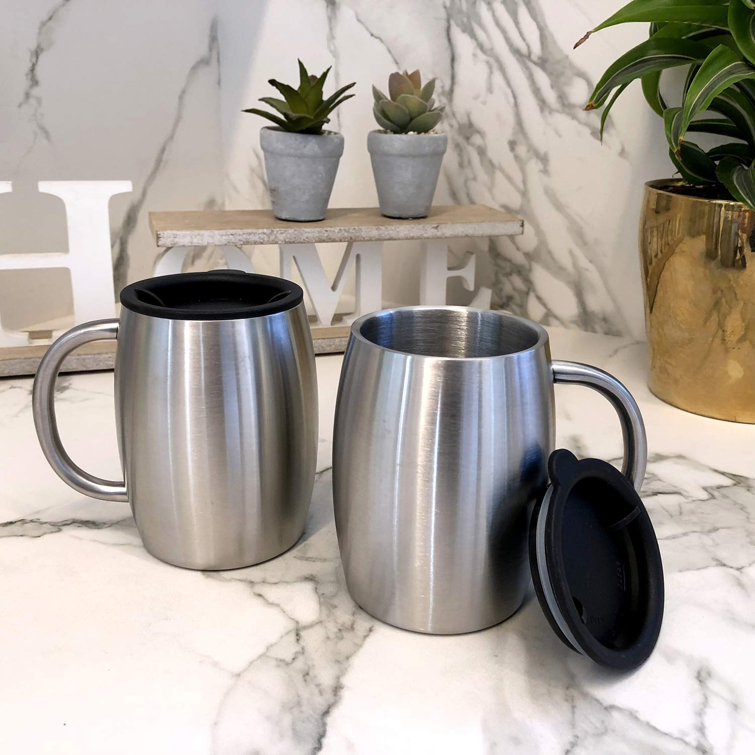 Stainless Steel Insulated Coffee Mugs Set of 2 (14oz) – Double Wall Coffee Cups with Spill Resistant Lid & Strong Handle, Shatterproof Cups for Cold Drinks and Hot Beverages, Indoor & Outdoor Use