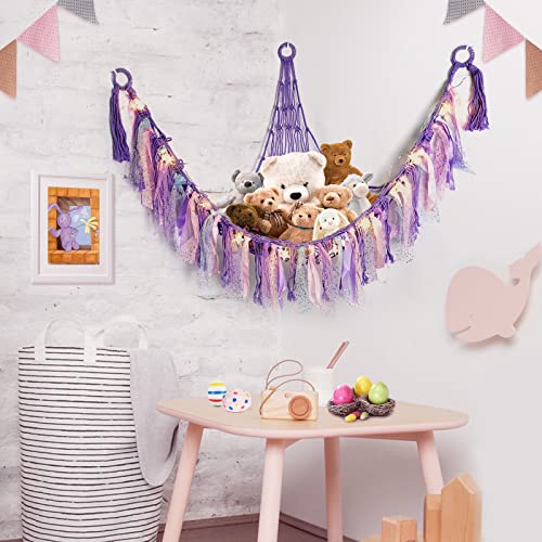 Stuffed Animal Net or Hammock with Light, Hanging Plush Toy Hammock Stuffed Animal Storage Organizer Holder Room Decor with Tassels Hooks for Kids Nursery Playroom Bedroom