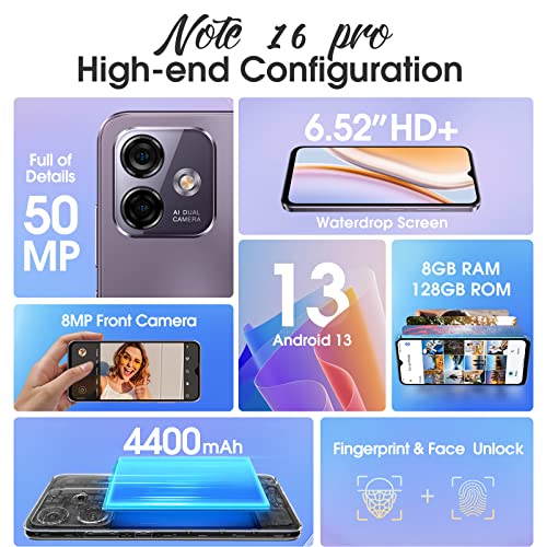 Ulefone Note 16 Pro Unlocked Cell Phones, Android 13 Unlocked Phones, 16GB+128GB, 50MP Main Camera, 6.52β HD+ Waterdrop Screen, 8-Core Processor, 4400mAh Battery, Dual 4G Unlocked Smartphone-Purple