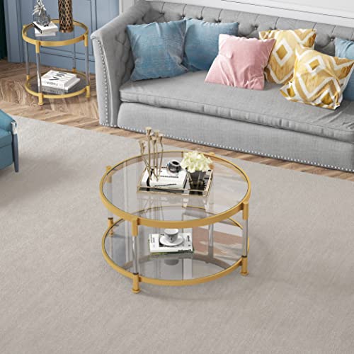 OIOG 2 Tier Coffee Table with Acrylic Legs,32.3" Wide Round Coffee Table with Glass Top, Modern Center Table for Living Room, Studio Apartment,Glass/Gold