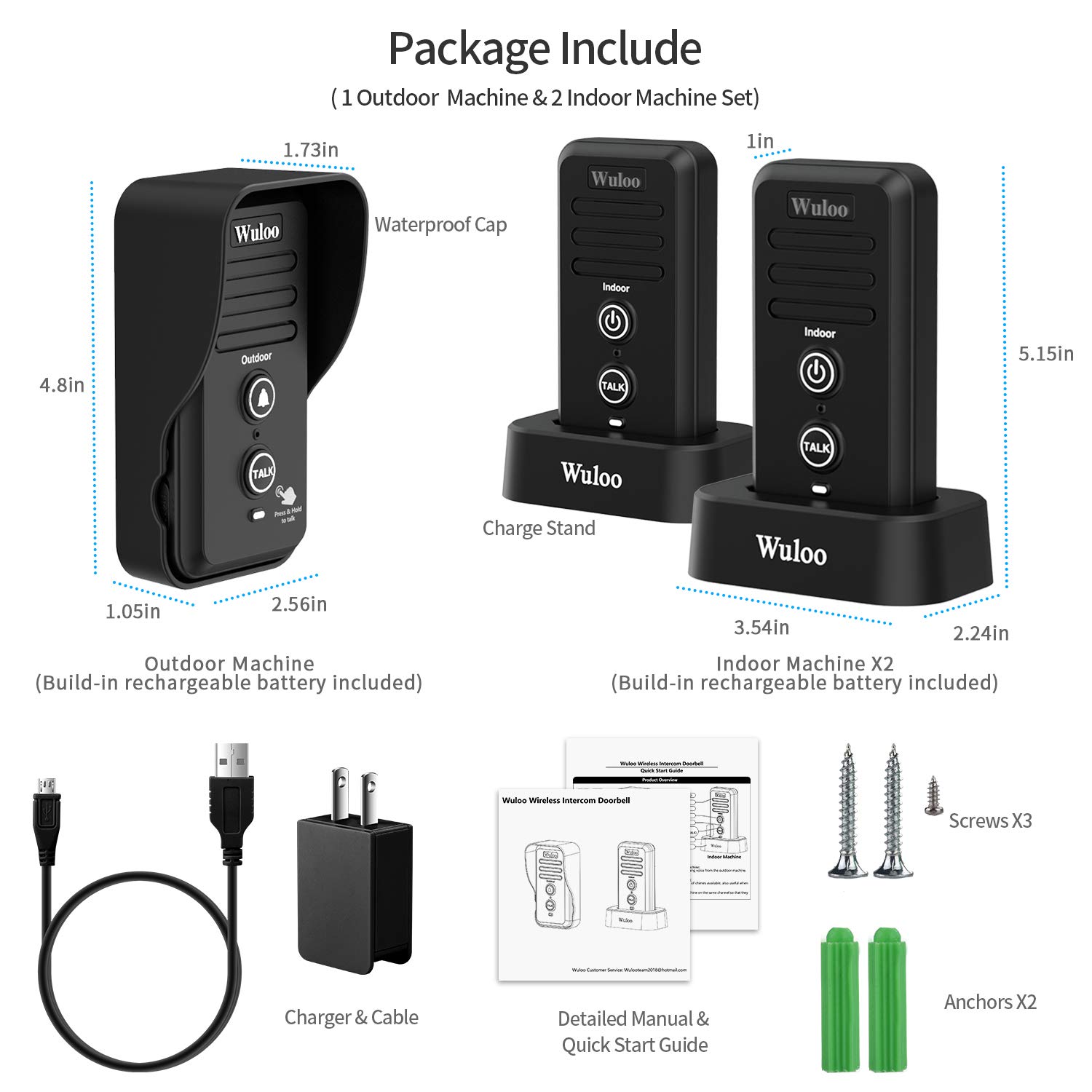 Wuloo Wireless Intercom Doorbells for Home Classroom, Intercomunicador Waterproof Electronic Doorbell Chime with 1/2 Mile Range 3 Volume Levels Rechargeable Battery (Black, 1&2)