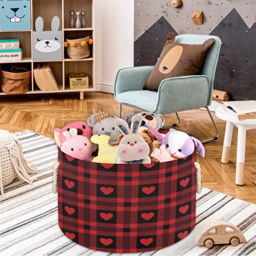 Red Love Heart Plaid Large Round Baskets for Storage Laundry Baskets with Handles Blanket Storage Basket for Bathroom Shelves Bins for Organizing Nursery Hamper Girl Boy