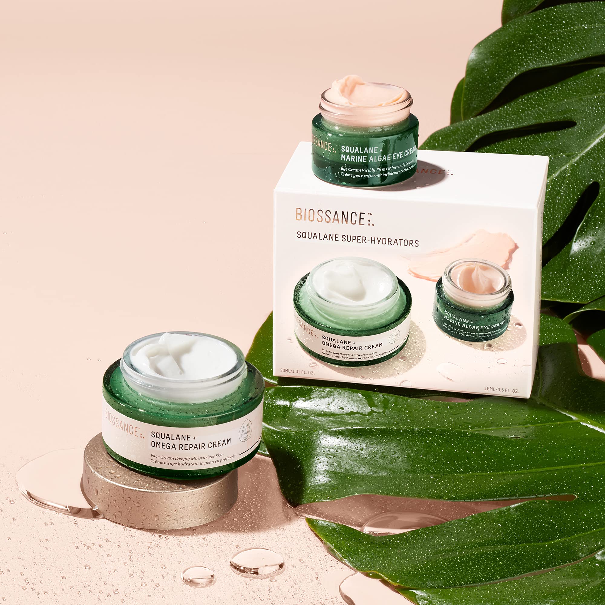 Biossance Super Hydrators Set. Limited Edition Full Size Squalane + Marine Algae Eye Cream (0.5 oz) Bundle with Squalane + Omega Repair Cream (1.6 oz). Moisturize, Firm and Smooth Fine Lines