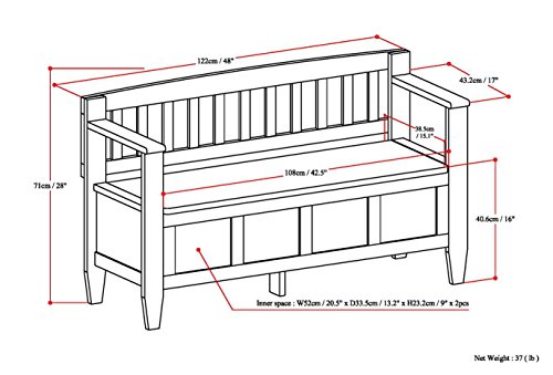SIMPLIHOME Brooklyn SOLID WOOD 48 inch Wide Entryway Storage Bench with Safety Hinge, Multifunctional in Coffee Brown