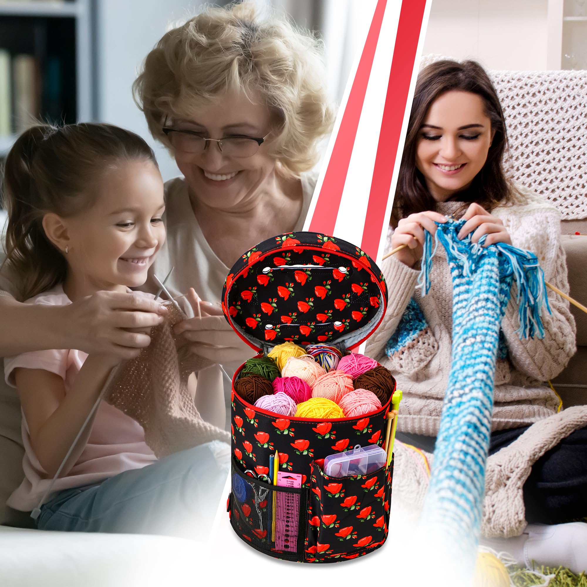 JOZEA Crochet Bag-Knitting Bag Yarn Storage Organizer - Yarn Bag and Crochet Tote, Yarn Holder for Crocheting, Crochet Accessories(Seductive Roses)