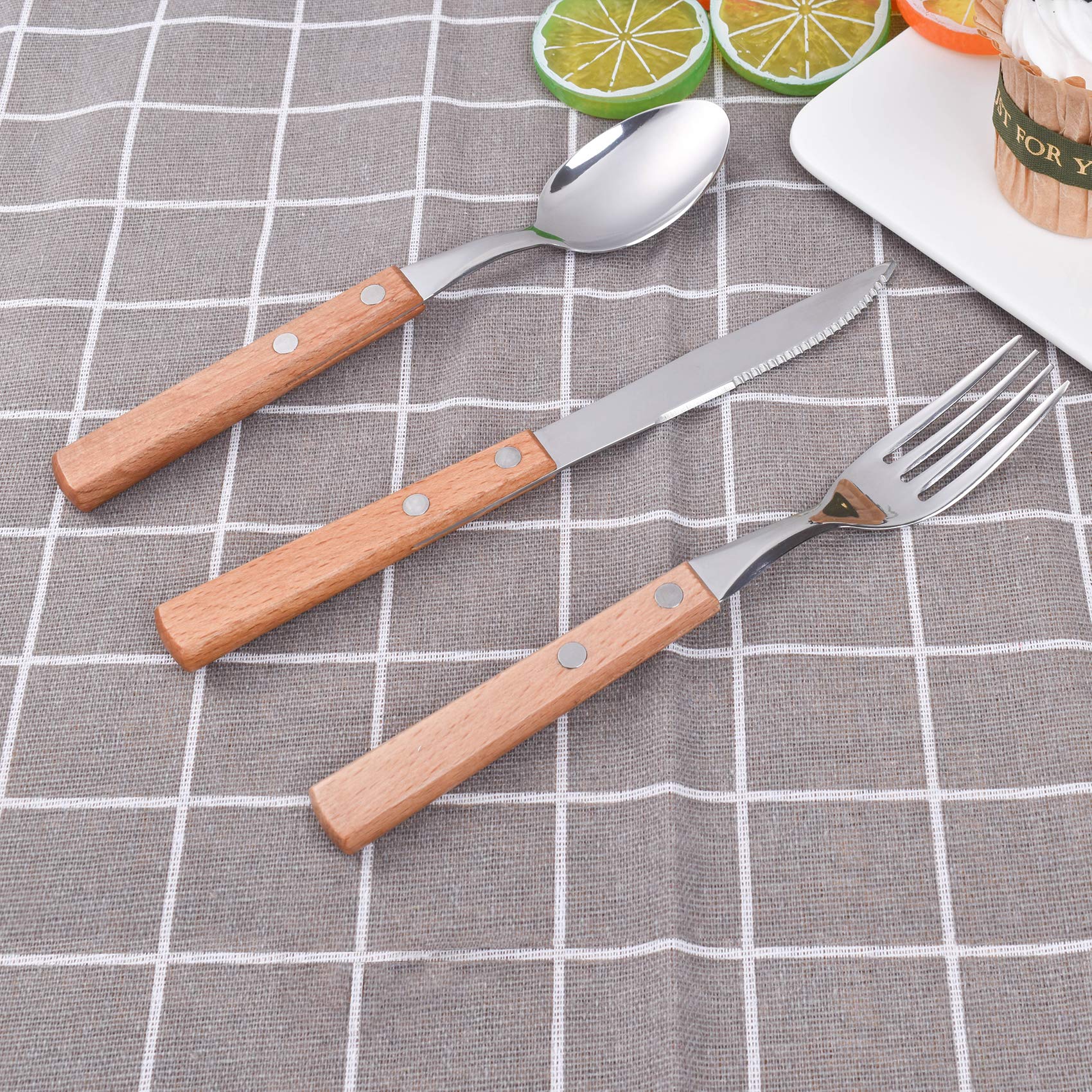 Lnrkai Cutlery Sets of 6, Dinner Spoons, Knife and Fork Set, Stainless Steel with Wooden Wide Handles, Flatware Set Tableware Dinnerware, Service for 2 Adult