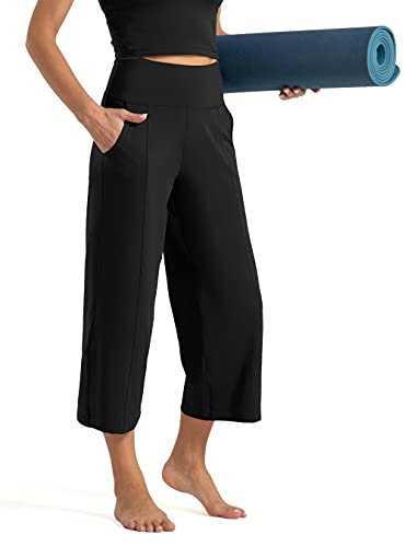 Tmustobe Womens Lounge Yoga Capris Pants Bootleg Tummy Control High Waist Workout Flare Crop Pants with Pockets (Black, Large)