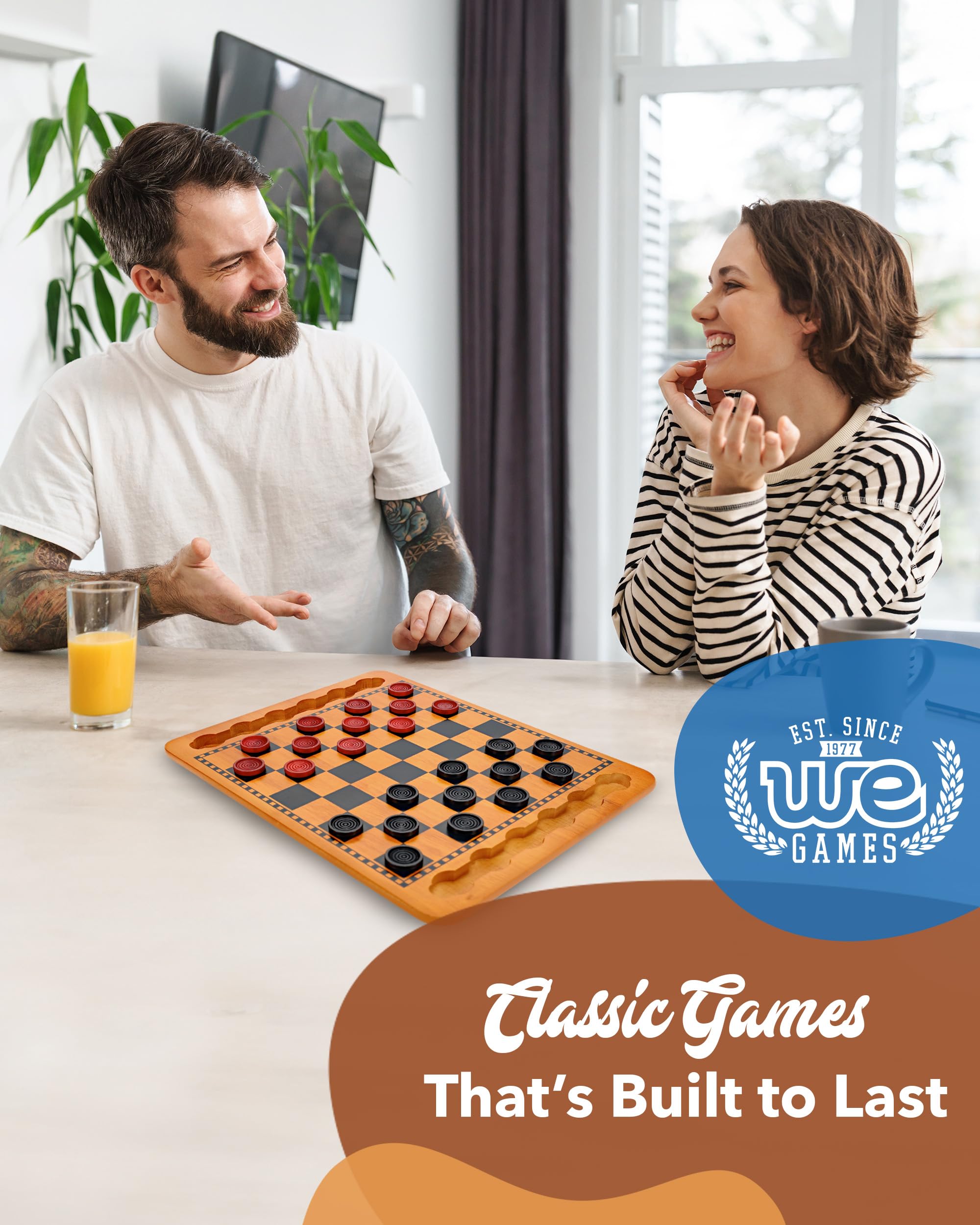 WE Games Solid Wood Red and Black Checkers Board Game Set with Inset Grooves for Pieces, 14.5 in.