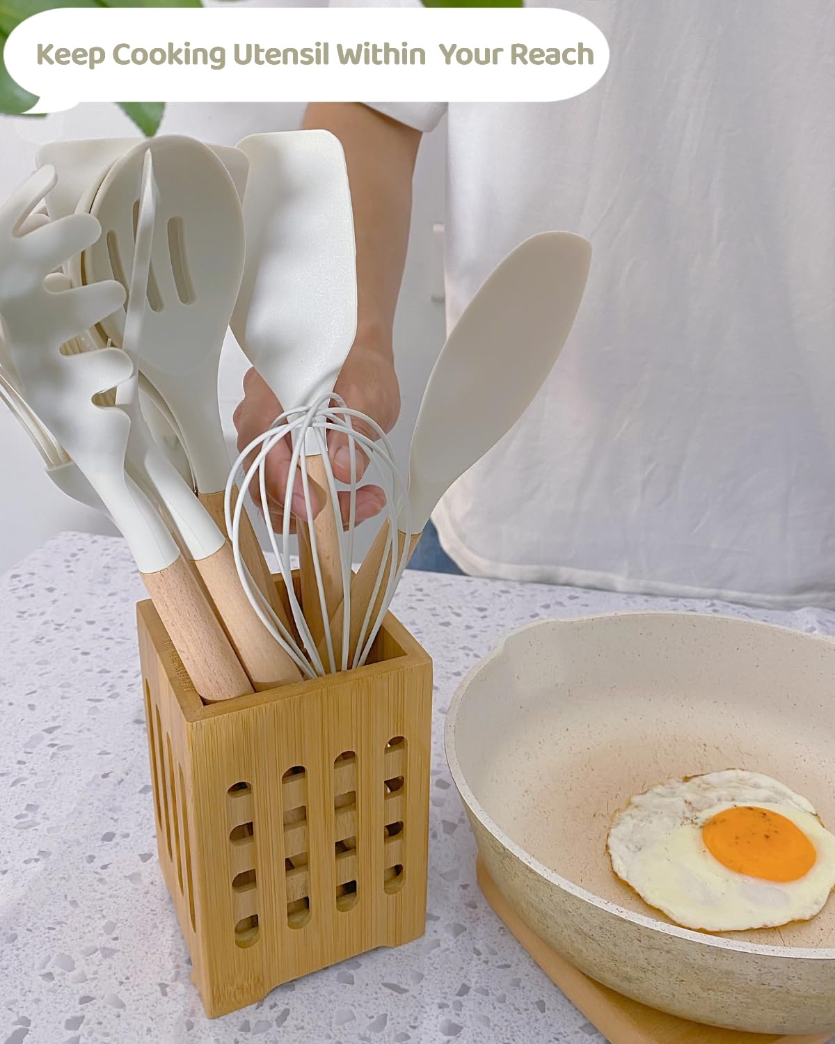 Large Bamboo Kitchen Utensil Holder, Wooden Countertop Cooking Utensils Crock, Farmhouse Cooking Tools Storage Organizer for Spatulas, Spoons, Turners
