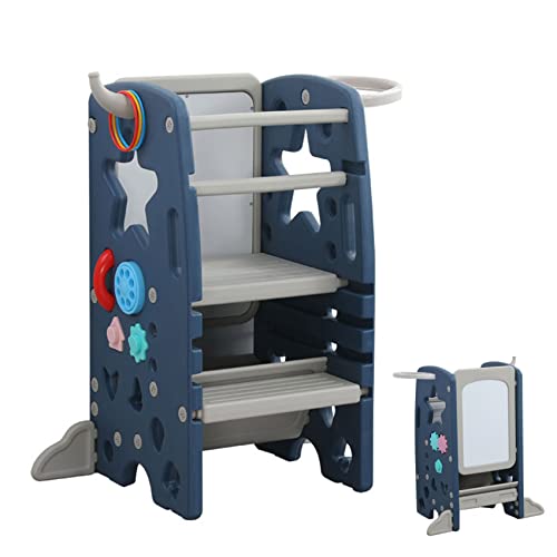 UNICOO âKids Kitchen Step Stool with Double Safety Rails, Toddler Learning Stool with 3 Adjustable Heights and Non-Slip Foot Pads, Toddler Tower for Kitchen Countertop and Bathroom (OMLT-Dark Blue)