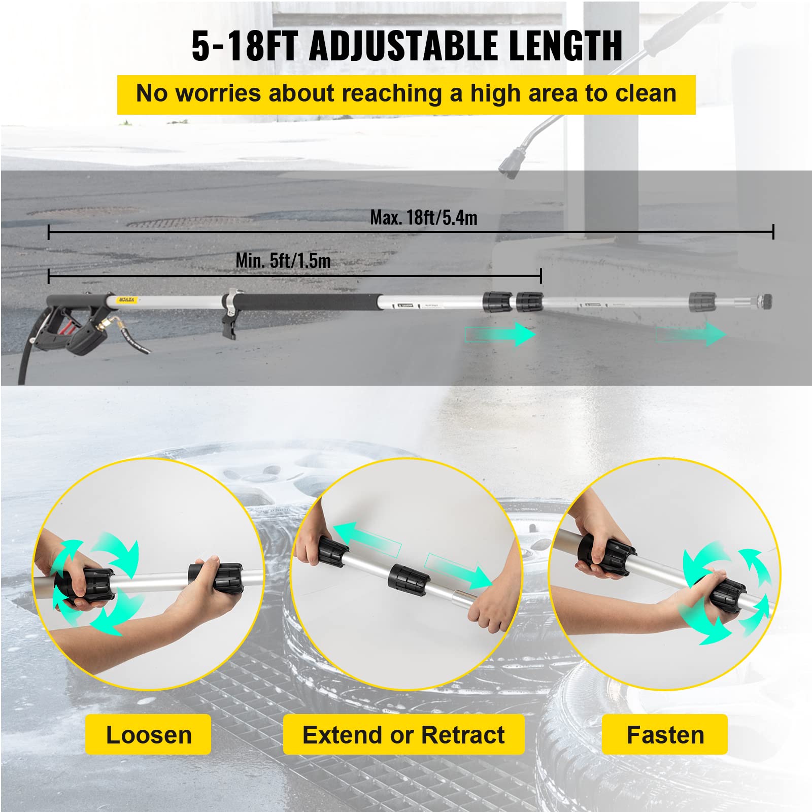 VEVOR Telescoping Pressure Washer Wand, 18ft Length Adjustable Power Washer Extension Wand, 4000PSI 9GPM Power Cleaning Tools w/Strap Belt, 5 Nozzle Tips, 3/8'' & 1/4'' Quick Connectors, Silver/Black