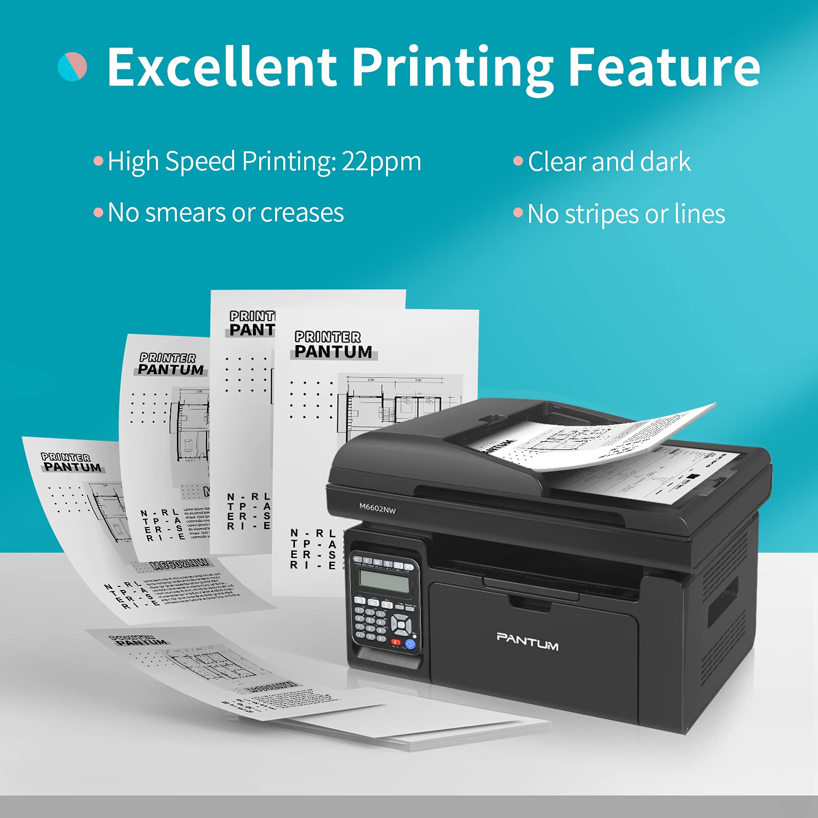 Pantum All in One Laser Printer Monochrome Printer Scanner Copier and Fax with Auto Document Feeder, Wireless Multifunction Black and White Laser Printers for Home Use, M6602NW, Black