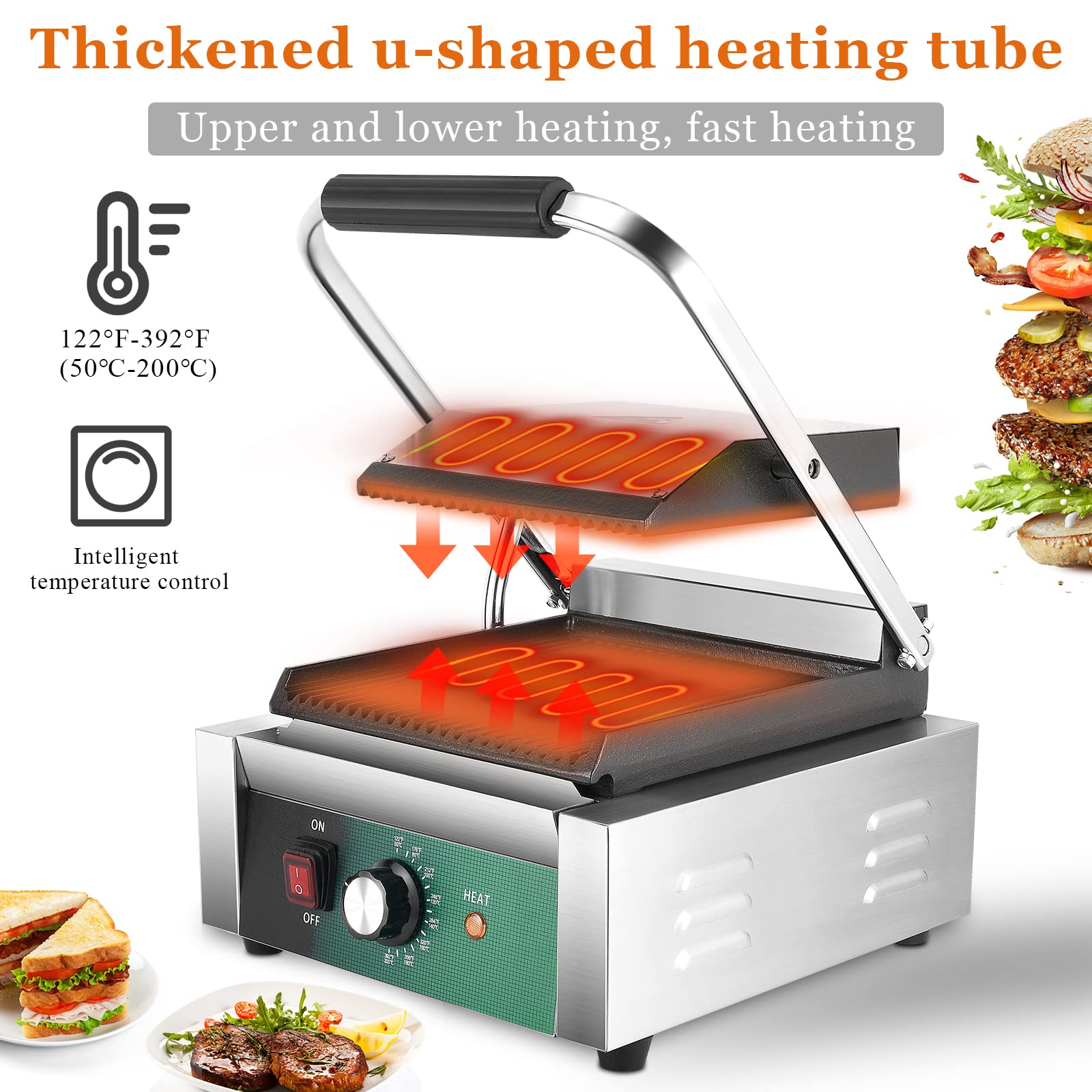 Commercial Panini Press Sandwich Maker, BOEASTER 2200W Cast Iron Sandwich Press 122°F-392°F Panini Grill Non Stick for Hamburgers Steaks Bacons Sandwiches Sausages