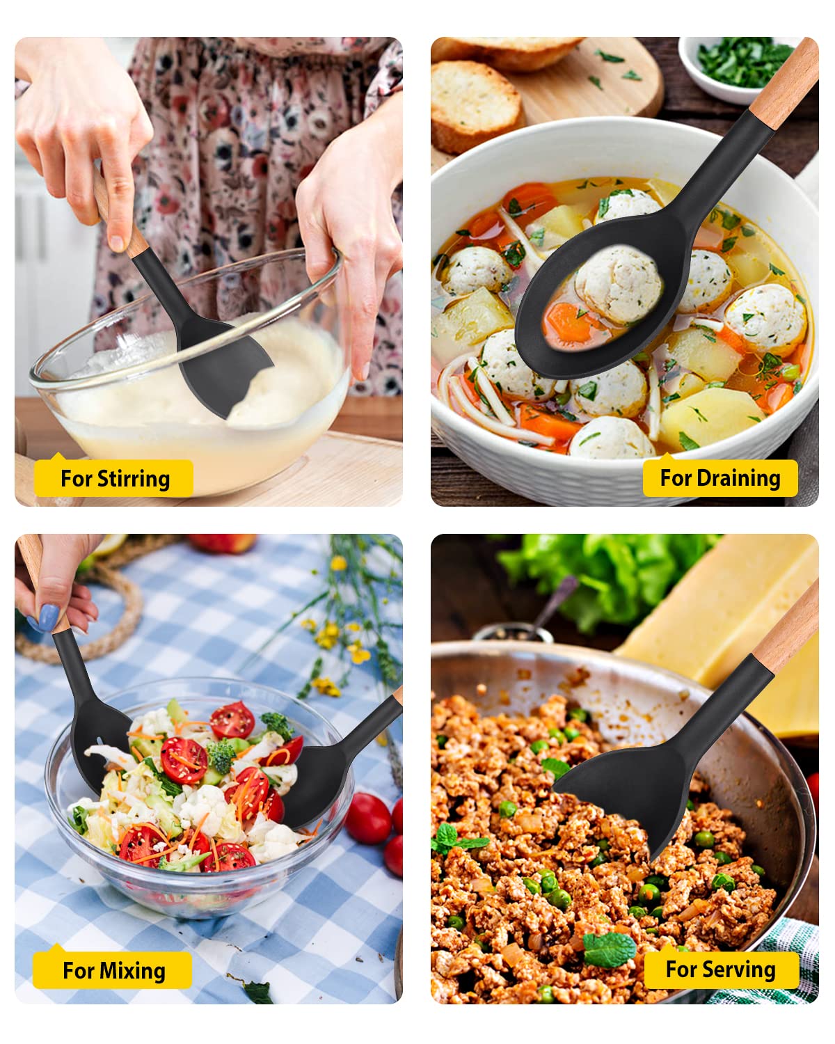 Pack of 2 Large Silicone Cooking Spoons,Non Stick Wooden Solid Spoon,Heat-Resistant Kitchen Utensils with Short Wooden Handle for Mixing,Serving,Draining,Stirring,Basting