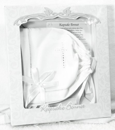 Stephan Baby Bonnets - White Cotton Christening Bonnet with Cutwork Embroidered Cross and Satin Bows, One Size, Straight Hem