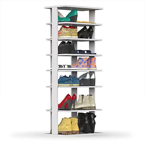 Tangkula 7 Tiers Vertical Shoe Rack, Patented Entryway Wooden Shoes Racks, Modern Shoe Rack Organizer, Space Saving Shoes Storage Stand for Front Door (White, Double)