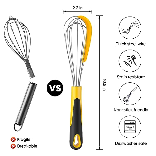Maxjoy Silicone Whisk,Silicone Whisks for Cooking Non Scratch,Wisking Tool Metal Wire Silicone Stainless Steel Wisk for Kitchen Egg Bread Mixing,Small Mini Heat Resistant Whisk,Yellow & Black