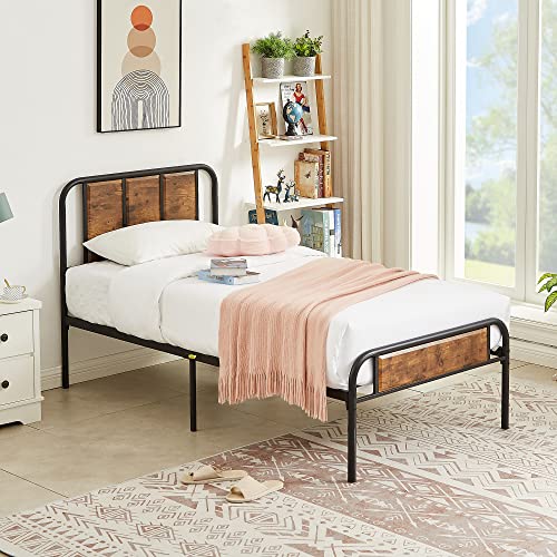 VECELO Twin Bed Frame Heavy Duty Metal Platform with Wooden Headboard Footboard Mattress Foundation 12 Strong Steel Slats Support Under Bed Storage/Easy Assemble