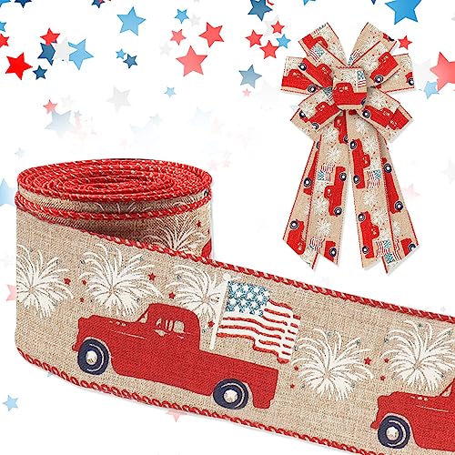 Threetols Patriotic Wired Edge Ribbons 2.5" 10 Yards, Red Truck Wired Ribbon Veterans Day America Flag Fabric Craft Ribbon Fireworks Ribbon for Holiday Party DIY Craft Patriotic Decoration Wreaths Bow