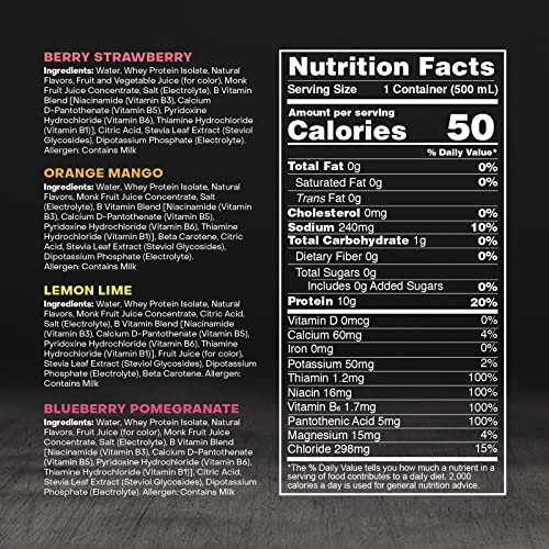 Whey Protein Water Sports Drink by PWR LIFT | Variety Pack | Keto, Vitamin B, Electrolytes, Zero Sugar, 10g of Protein | Post-Workout Energy Beverage | 16.9oz (Pack of 12)