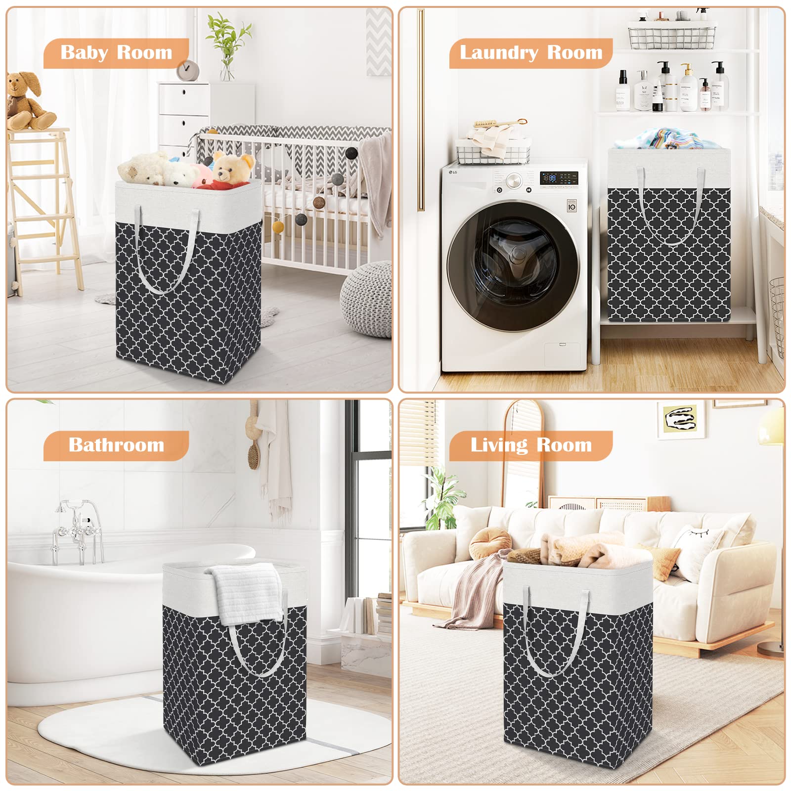ToteTastic 3-Pack Laundry Basket, Freestanding&Waterproof Laundry Hamper, Collapsible Tall Clothes Hamper with Easy Carry Handles for Clothes, Towels&Toys in the Family and Dorm,Clover Black,100L