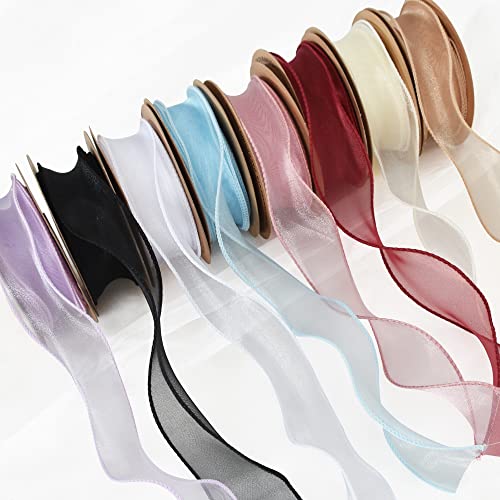 TONIFUL 1-1/2 Inch Wide White Wired Chiffon Ribbon Sheer Organza Ribbons for Crafts Floral Bouquets Wedding Car Party Decorations Valentine's Day Gift Wrapping Bow Making Tree Wreaths Decoration