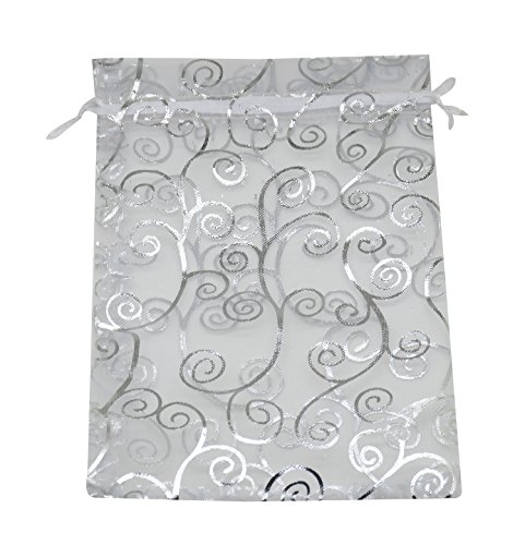 SUNGULF 100pcs Organza Pouch Bag Drawstring 4x6 10x15cm Strong Gift Candy Bag Jewelry Party Wedding Favor (White with Silver)