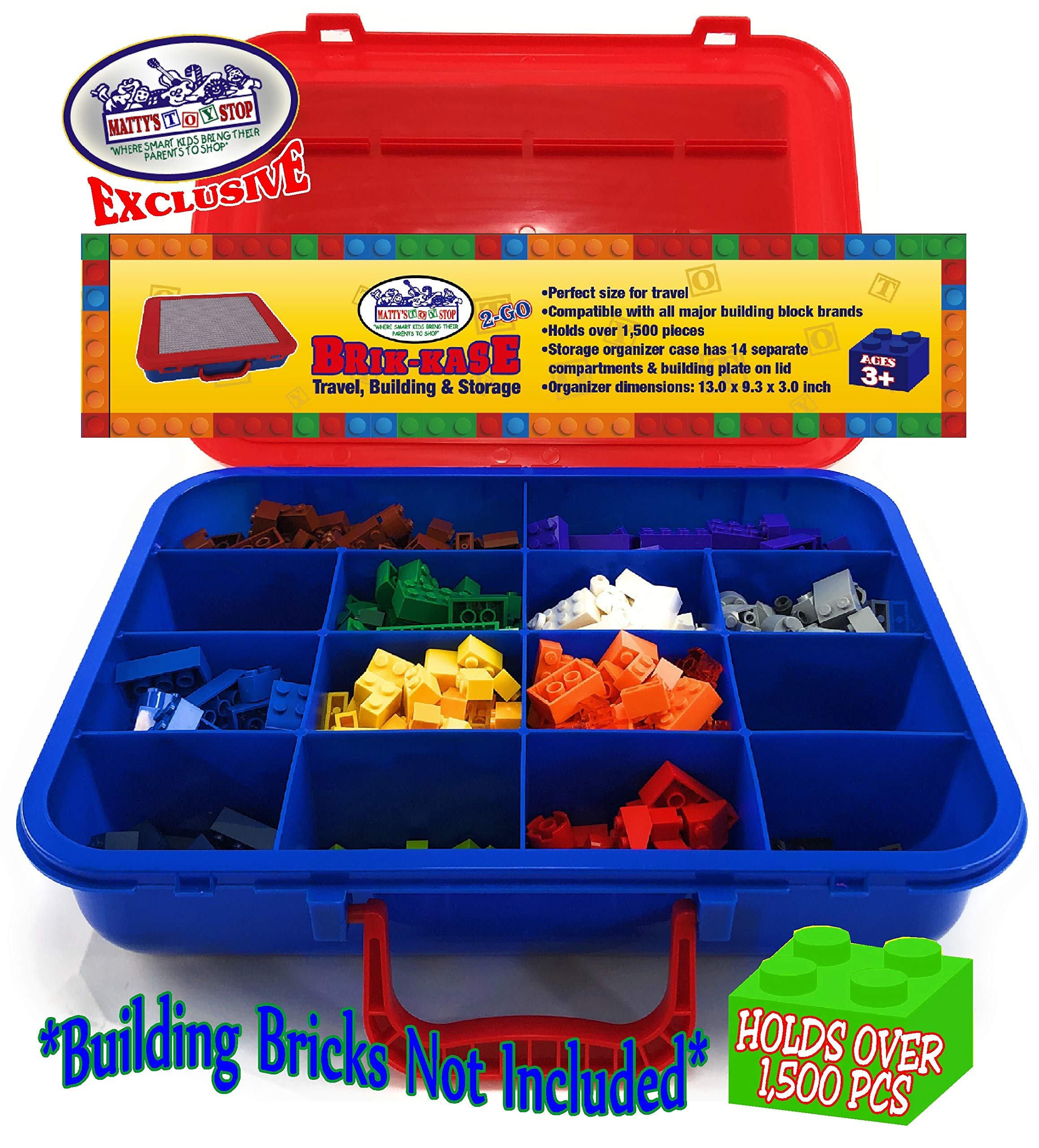 Matty's Toy Stop Brik-Kase 2-GO 13" Travel, Building, Storage & Organizer Container Case with Building Plate Lid (Holds Approx 1,500pcs) - Compatible With All Major Brands (Blue, Red & Gray)