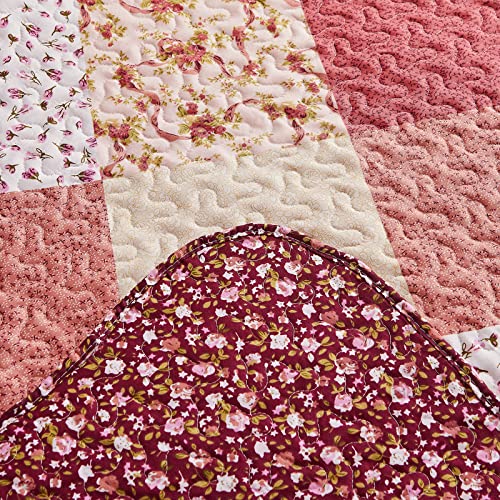 Qucover Quilt Queen Size, 3 Piece Multicolour Patchwork Print Red Pink Beige Floral Reversible Quilts Set, Soft Microfiber Lightweight Quilt Bedspread Bedding Set for All Seasons