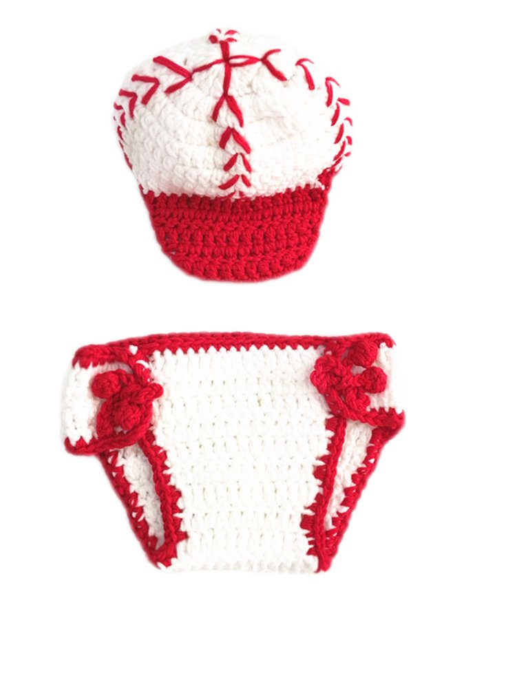 Pinbo Baby Infant Photography Prop Costume Baseball Crochet Knitted Hat Diaper White