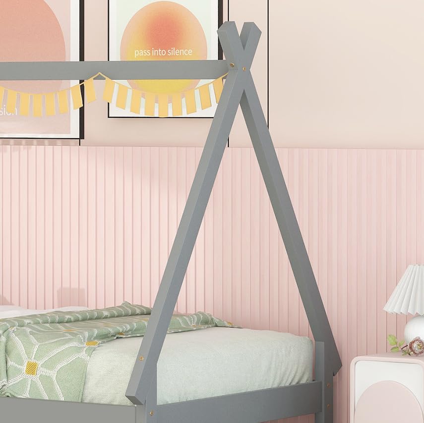 Linique Twin Size Tent Floor Bed,Teepee Bed with Pull-Out Trundle,Wooden Twin Bed Frame for Bedroom,Natural