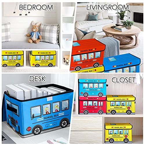 MMIAOO School Bus Pattern Toy Storage Organizer,Foldable Storage Box Organizer,Kids Toy Chest, Light Toy Chest with Lid Handles for Kids, Nursery, Closet, Bedroom, Playroom (Yellow)