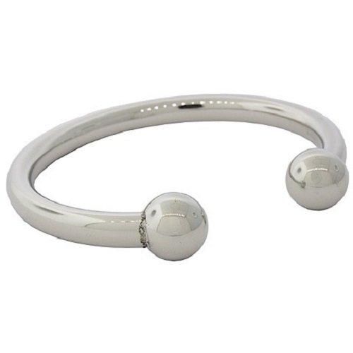 Amythyst Unisex Men's and Women's Silver Tone Open End Stainless Steel West Indian Inspired Ball Cuff Bangle (with ID Plate)