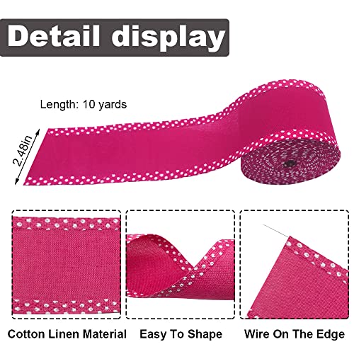 Rose Wired Edge Ribbons 2.5" 10 Yards, Spring Solid Wired Edge Decoration Wired Ribbon Fabric Craft Ribbon Burlap Wrapping Ribbon for Holiday Party Wrapping DIY Craft Wedding Decoration Wreaths Bow