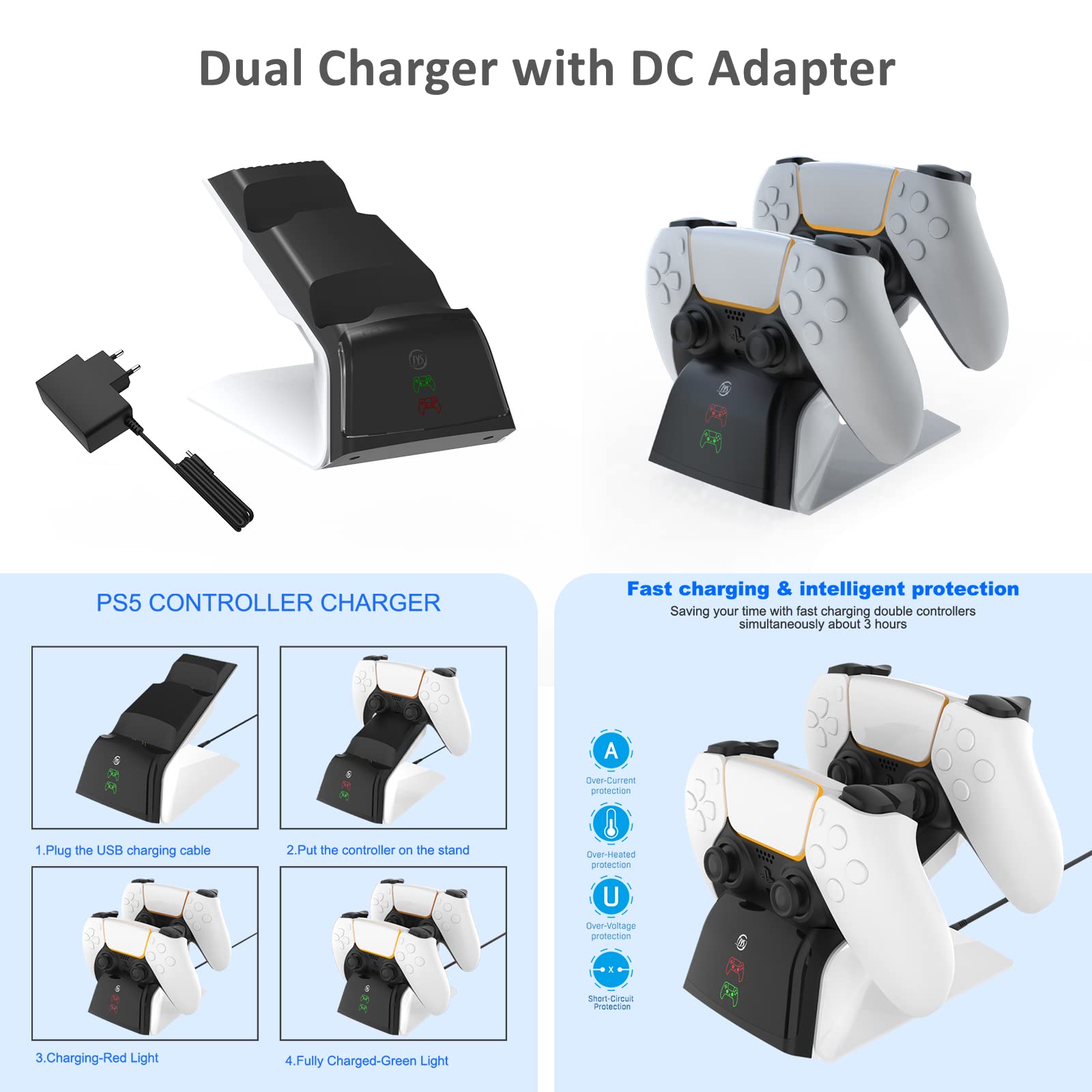 JDDWIN Controller Charger Accessories Kit, Charging Dock Station for PS5 Controllers, Fast Charging Station,thumb grip,silicone case,privacy cover,controller and headset holder.