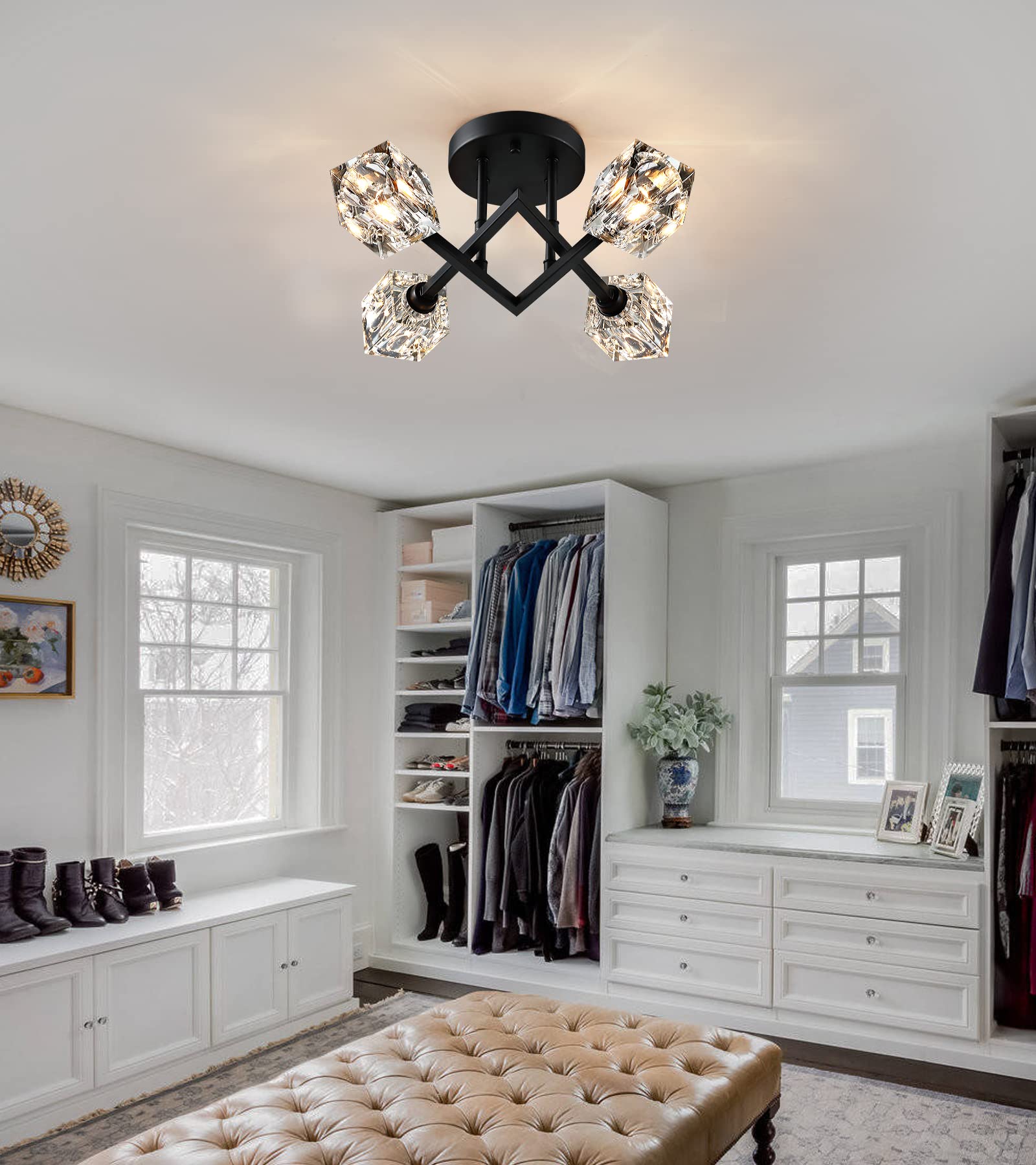 AMZASA Modern Semi Flush Mount Ceiling Light, Black Dining Room Light Fixtures,4-Lights Geometric Crystal Chandelier for Bedroom Entryway Hallway Porch Laundry Room