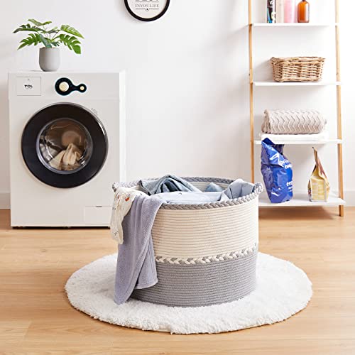 XXXL Large Cotton Rope Basket, 22"x22"x16" Woven Storage Basket with Handle, Blanket Basket Living Room Laundry Basket Hamper Baby Dog Toy Storage Comforter Cushions Thread Baskets for Organizing