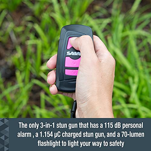 SABRE Compact Stun Gun, Flashlight & Personal Alarm –Rechargeable 3-in-1 Personal Safety Tool w/ Wrist Strap for Quick Access, Pink Stun Gun