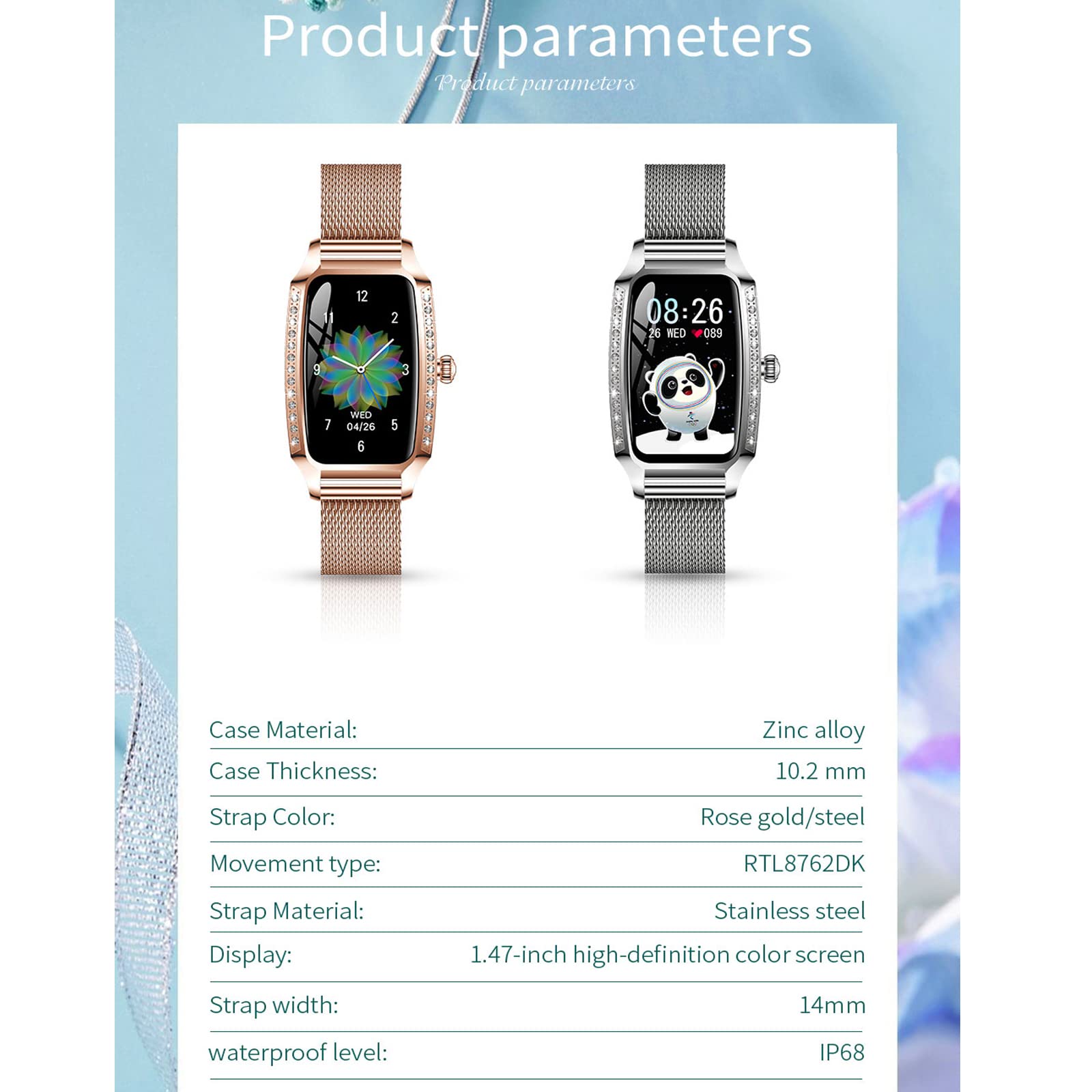 Pard 1.47 Inch Retro Women Smart Watch with Sports Functions, Sleep Detection, Heart Rate Blood Pressure for iOS Android Device, Silver