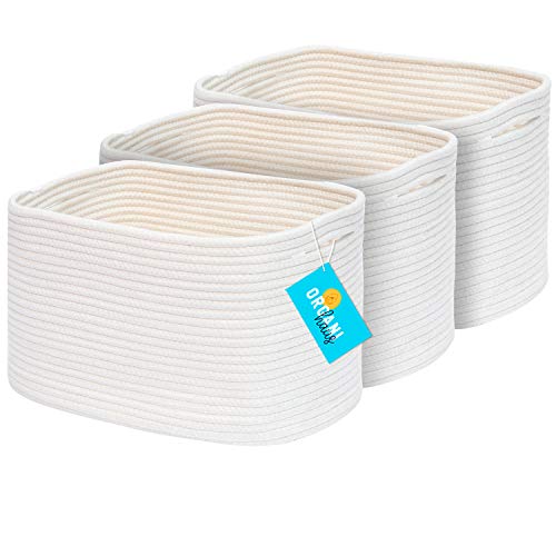 OrganiHaus White Storage Basket for Closet 3-Pack | Woven Baskets for Organizing | Cotton Rope Storage Basket for Books | Baby Organizing Baskets | Cotton Rope Baskets for Storage | Decorative Baskets
