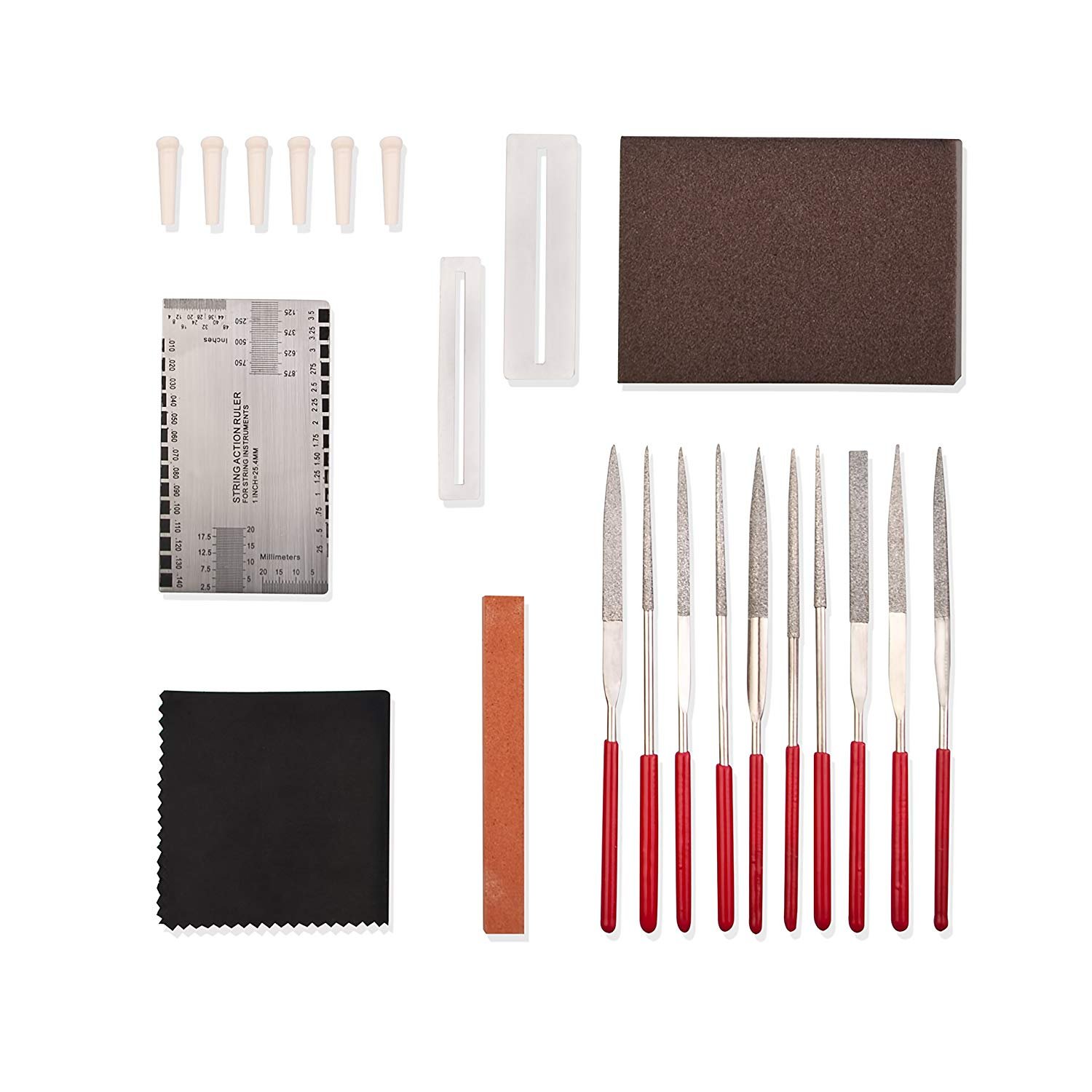AMZZ Guitar Repair Tool Kit - Includes Bridge Pins, Needle File, String Action Ruler Gauge, Grinding Stone, Fret Guard, and Fingerboard Guards for Acoustic and Electric Guitars and Basses