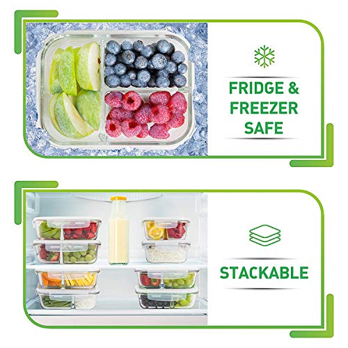 PrepNaturals glass food storage containers, meal prep container, bento box for lunch, dishwasher & microwave safe (multi-compartment)