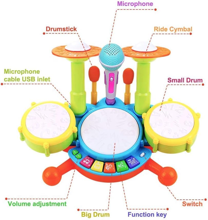 POKONBOY Kids Drum Set for Toddler 1-3, Musical Instruments Learning Toys with 2 Drum Sticks Adjustable Microphone Birthday for Boys Girls 6 12 18 Month (Yellow)