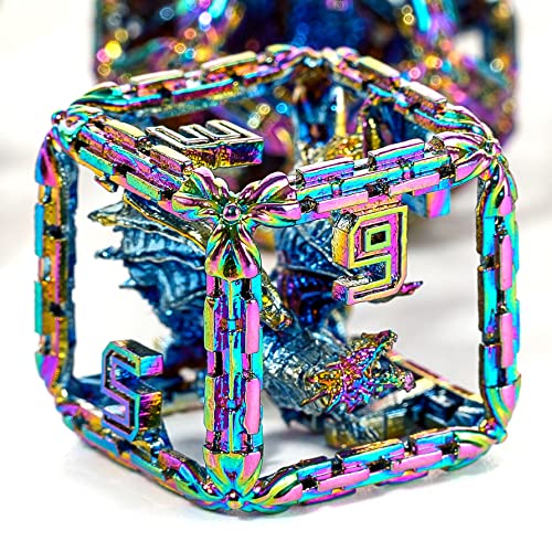 Metal DND Dice Set - Imprisoned Dragon Core Metal Dice Set for Role Playing Games (RPG) - Beautiful & Intricate Polyhedral DND Metal Dice - Stunning D&D Dungeons and Dragons Dice Set (Rainbow)