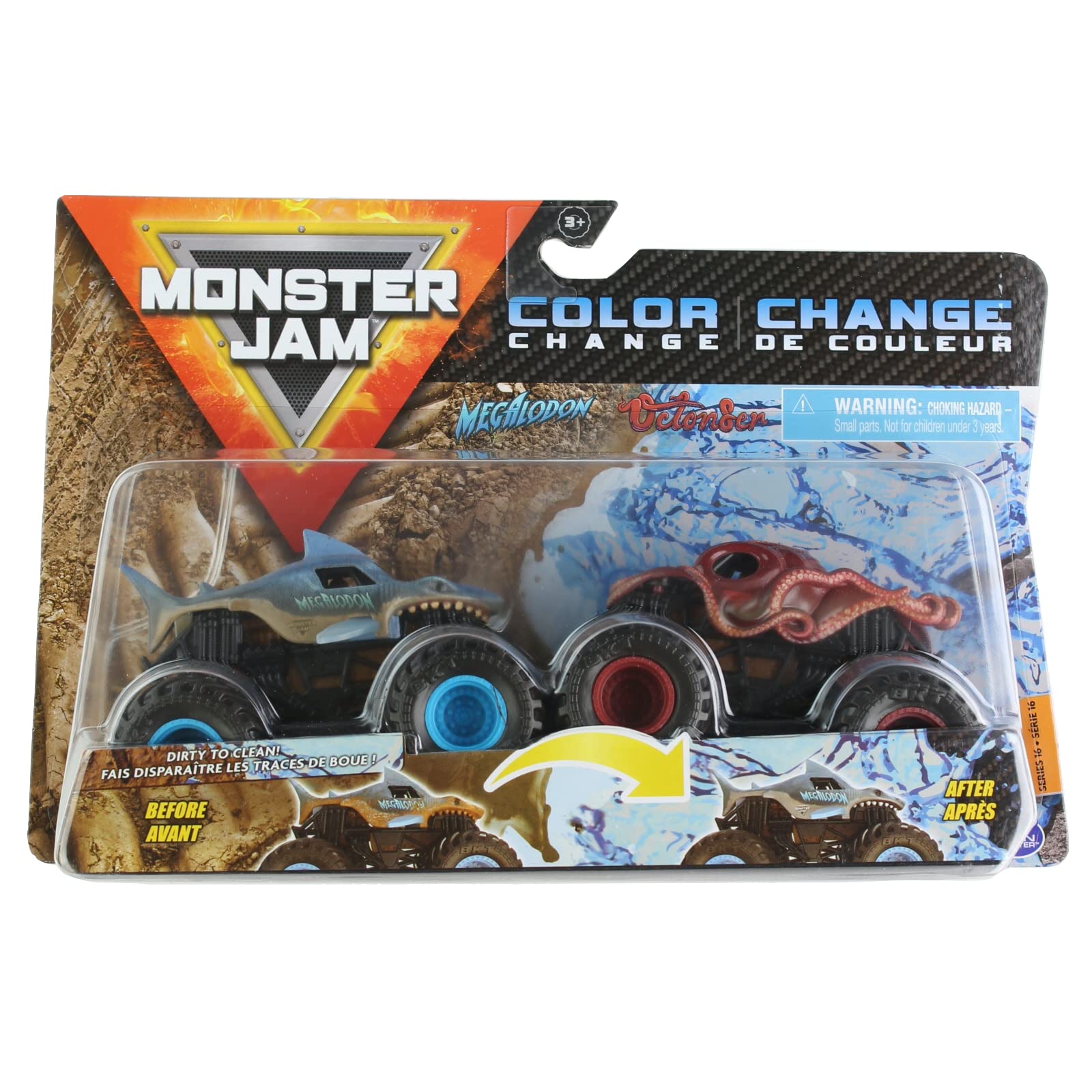 MonsterJam Color Change Megalodon vs Octonber (Double Pack) 1:64 Scale, Dirty to Clean