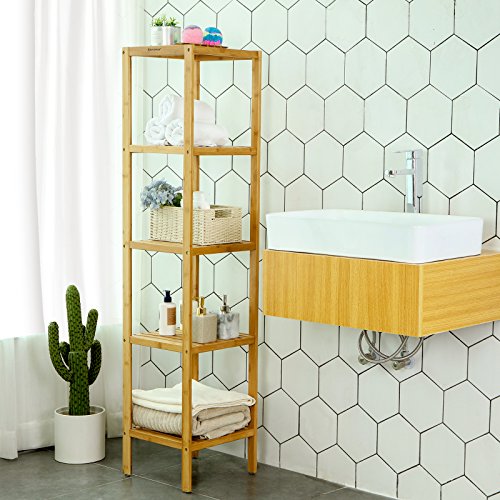 SONGMICS 5-Tier Bamboo Bathroom Shelf, Narrow Shelving Unit, Multifunctional Storage Rack, Corner Rack, for Kitchen, Living Room, Bedroom, Entryway, Bathroom, Natural UBCB55Y